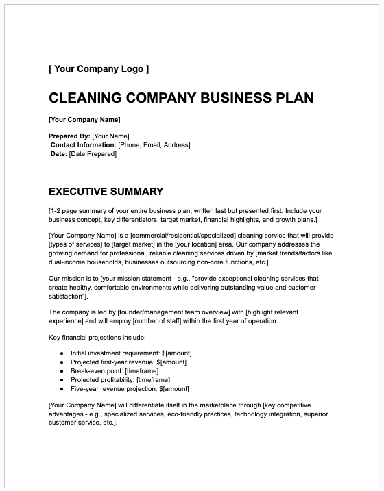 Cleaning Business Plan Template